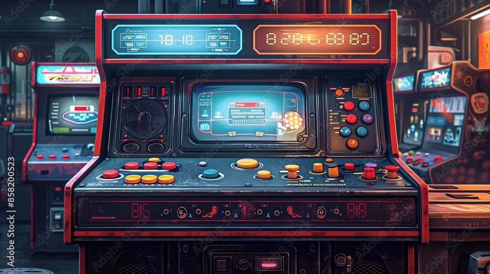 A detailed, realistic illustration of a classic arcade game cabinet ...