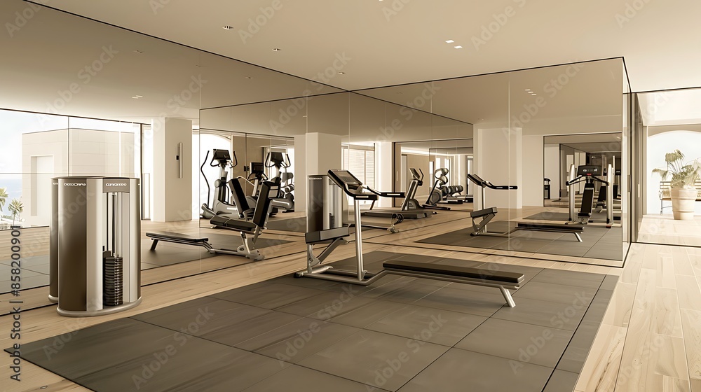 minimalist home gym with large mirrors, a variety of modern fitness ...