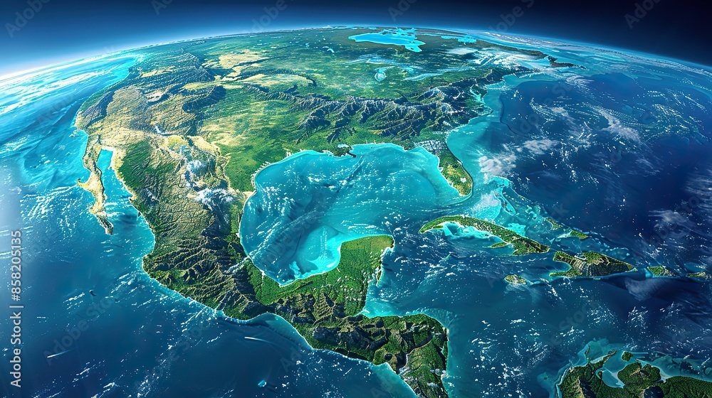 Panoramic map of Central America and the Caribbean, showcasing Earth ...