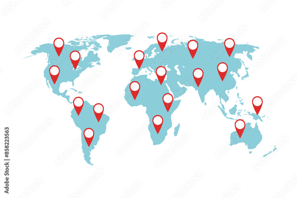 World map with location pins. Map of the world isolated on transparent ...