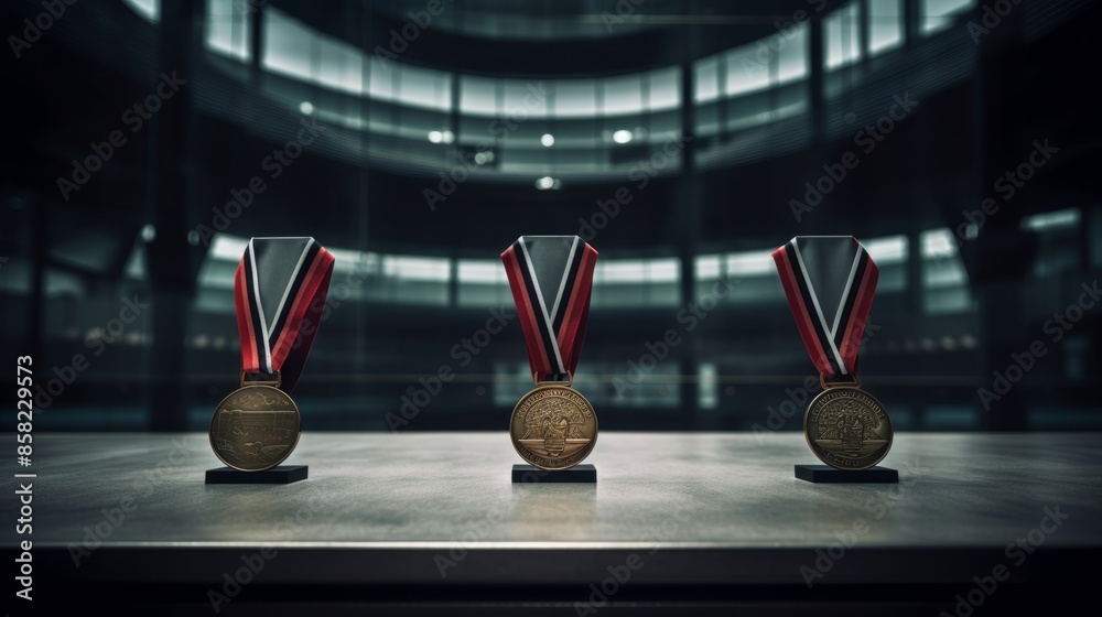 Award ceremony podium with gold, silver, and bronze trophies on stage ...