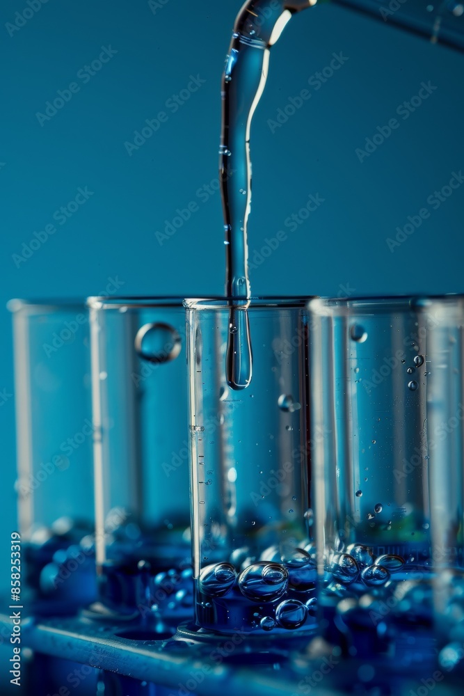 Various test tubes and pipettes filled with blue liquid water samples ...