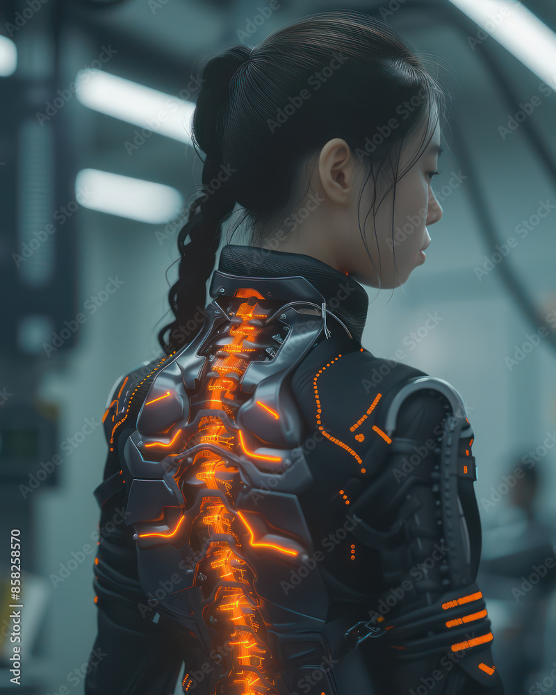 Futuristic Cyborg with Illuminated Spine in High Tech Laboratory Exploring Advanced Robotics and ...