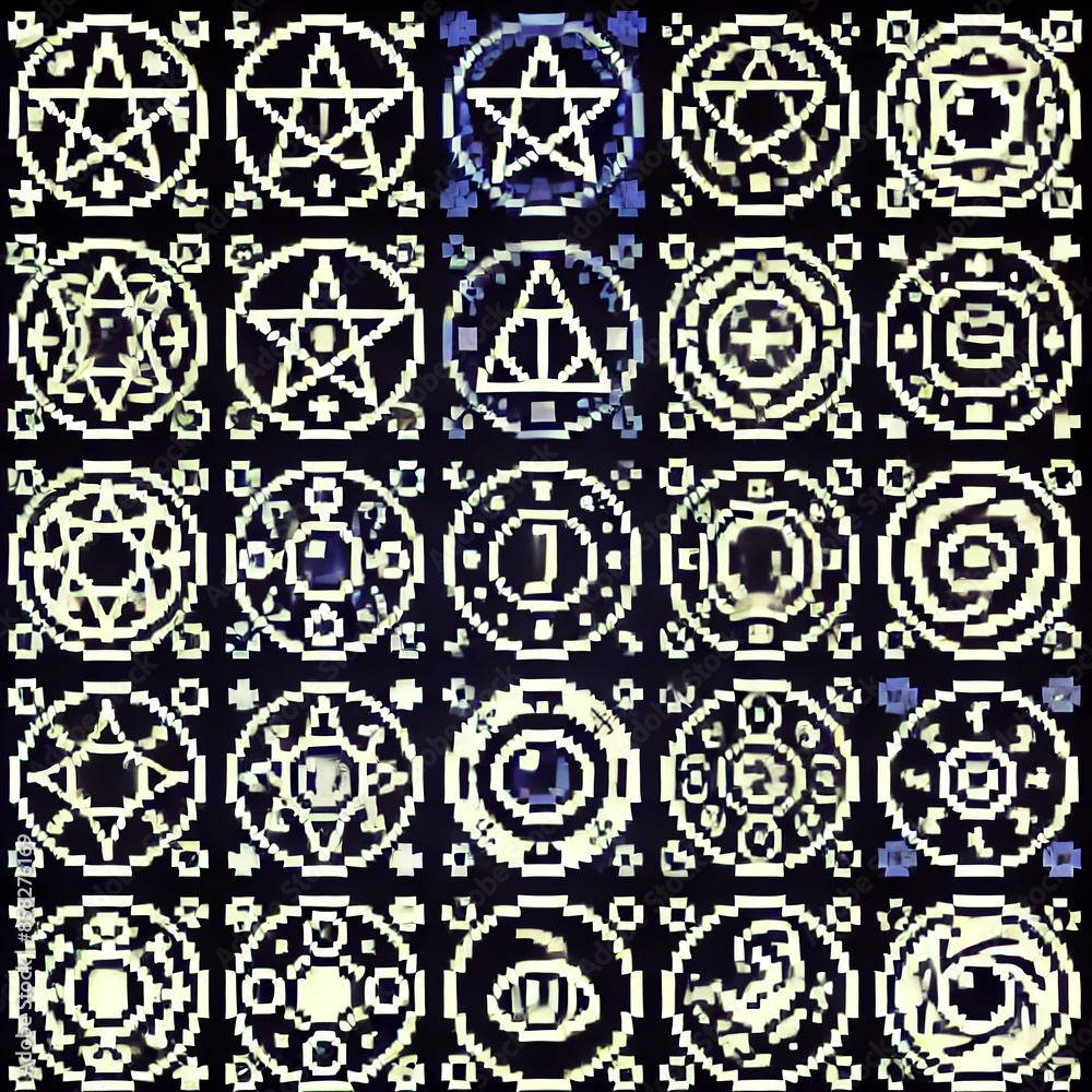 Detailed pixel art sprite sheet with magic circle icons Stock ...