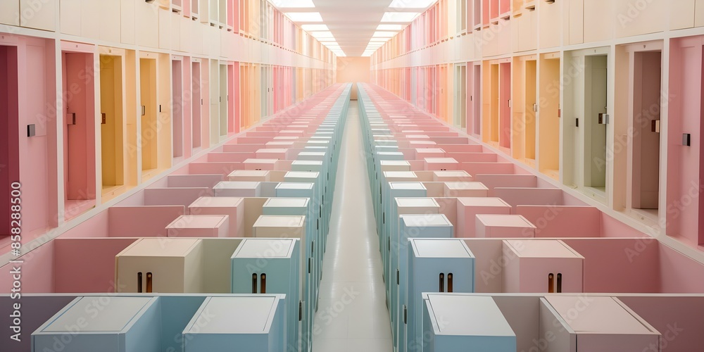 Stock-Illustration „Rows of cubicles with dividers pastel colors focus ...