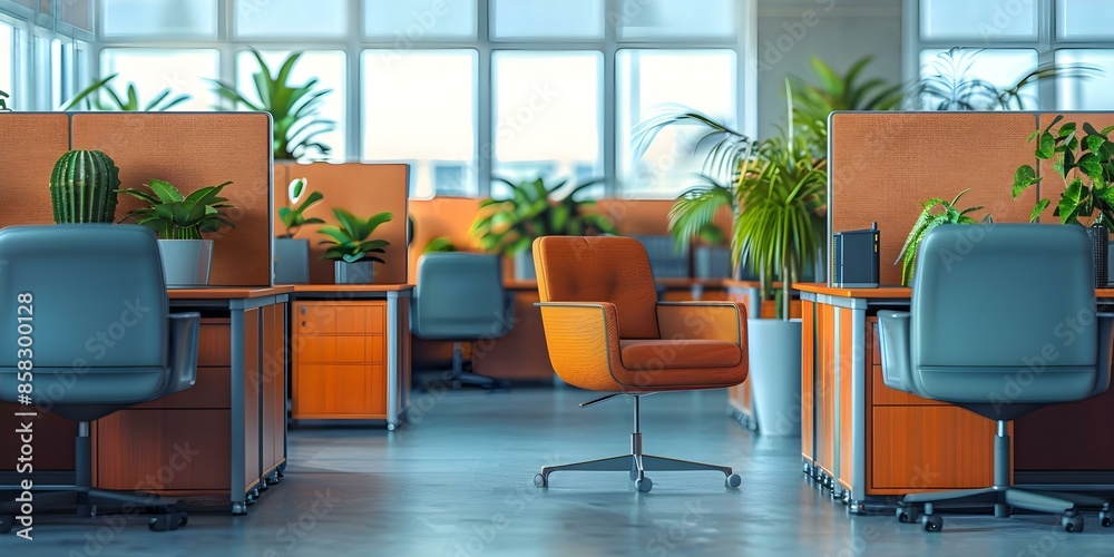 1970s or 1980s office cubicles with retro decor and furniture. Concept ...