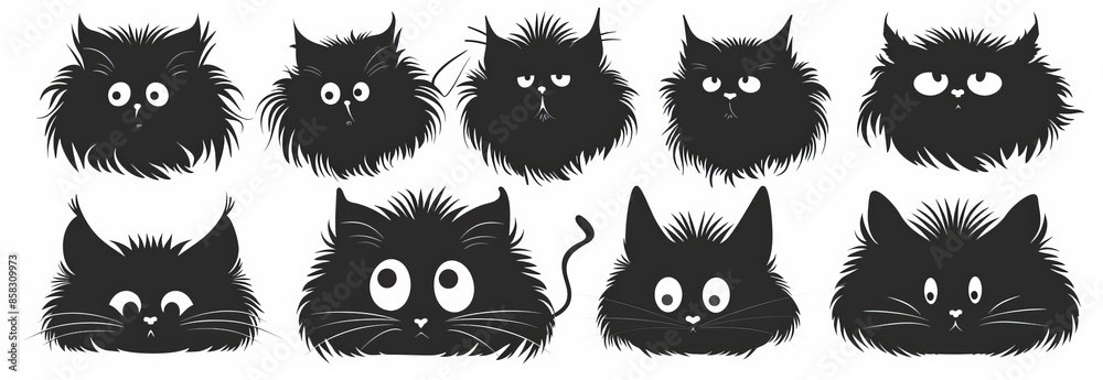 The black cat kitten kitty icon banner set shows sad, happy, surprised ...