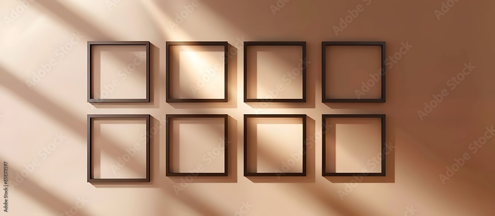 Five empty square frames in a random pattern on a light brown wall ...