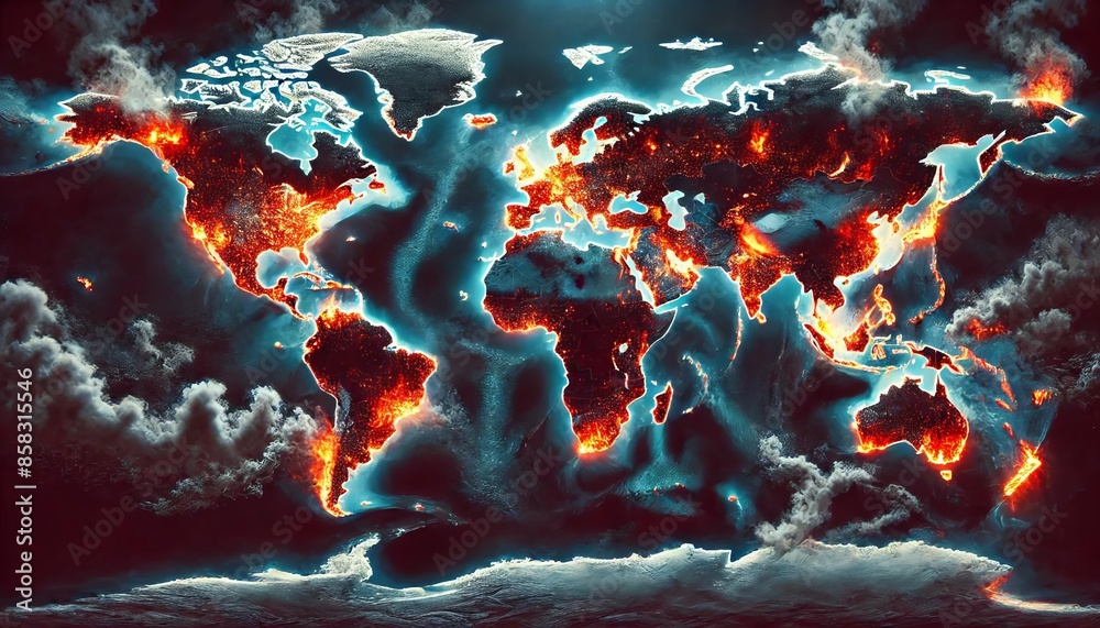 Burning World Map with Smoke and Fire, Digital Art Illustration Stock ...