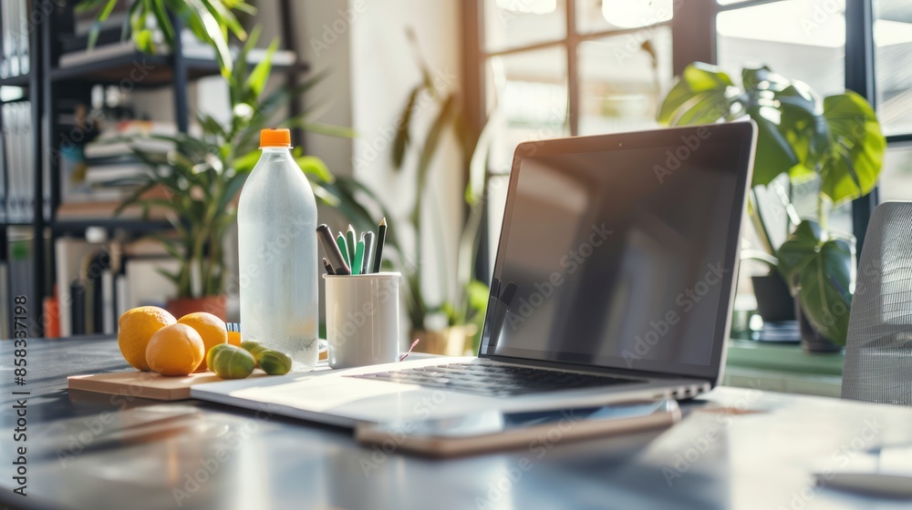 An office desk setup with a laptop, healthy snacks, and a water bottle ...