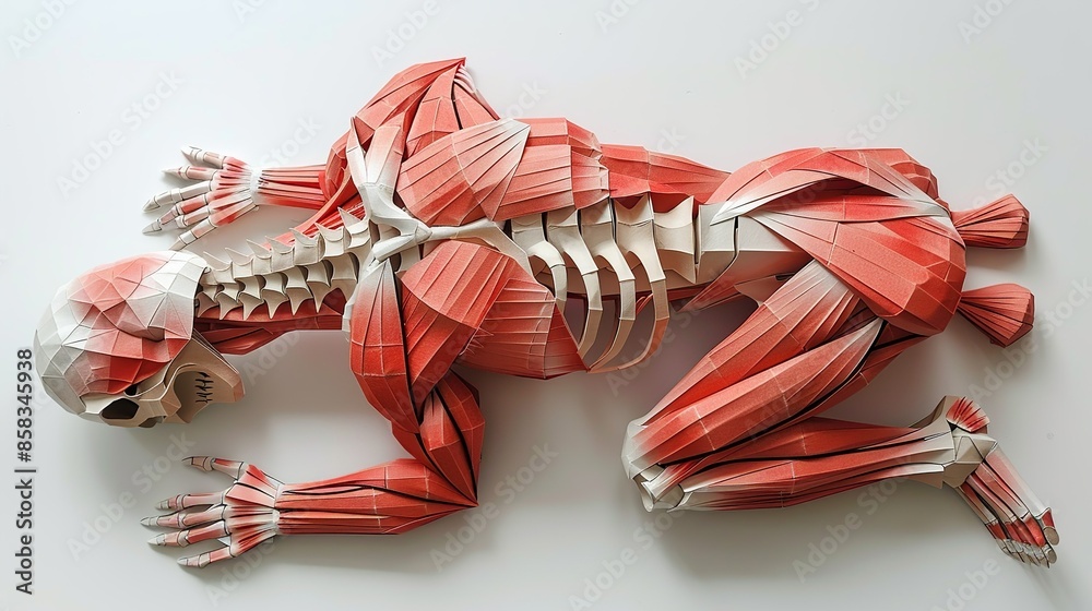A detailed paper craft model of the human muscular system, showcasing ...