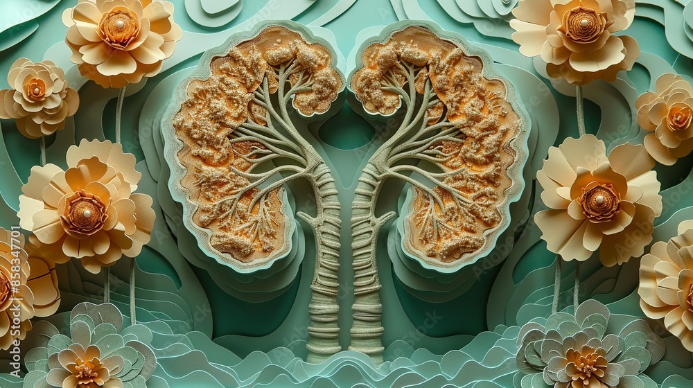 An intricately designed paper craft model of the human urinary system ...