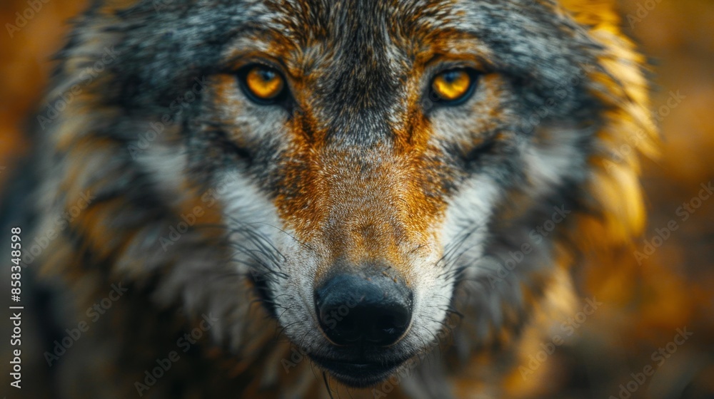 hungry big gray wolf looks at the camera while in the forest, the wolf ...