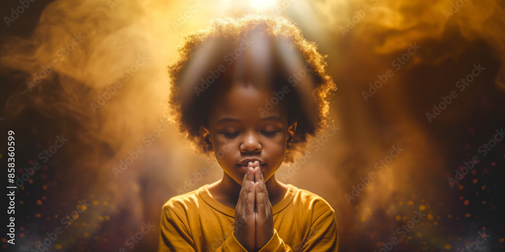 Cute black child praying. Unique prayer concept with a fantasy vibrant ...
