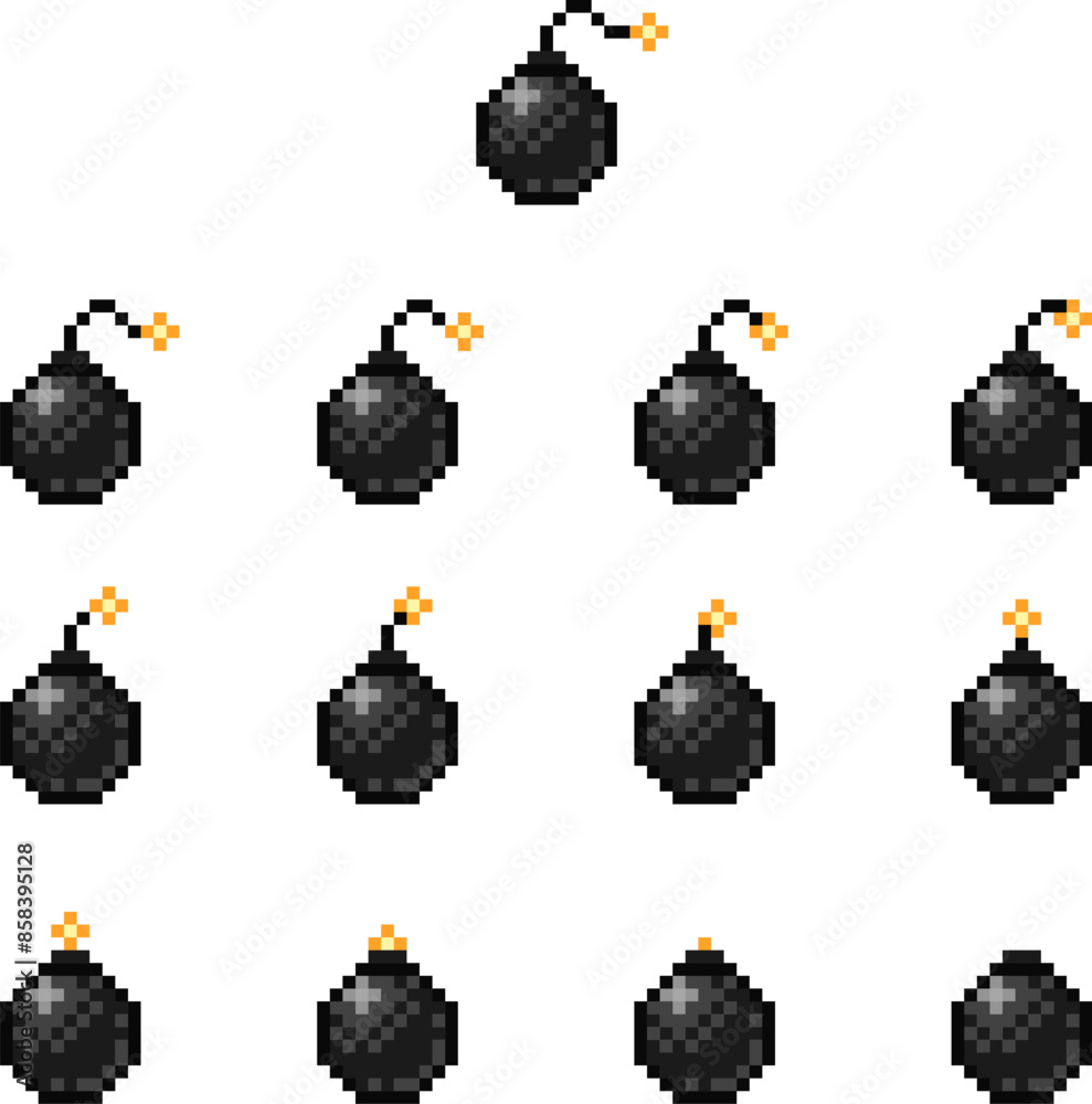 Pixel art set of bomb with burning fuse. 8-bit game design asset vector ...