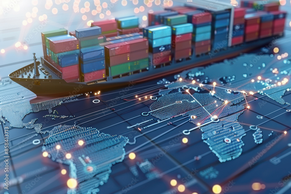 Global shipping and logistics concept featuring a cargo ship on a ...
