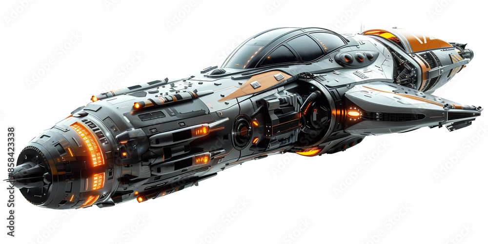 A sleek, futuristic spaceship with a black and orange color scheme ...