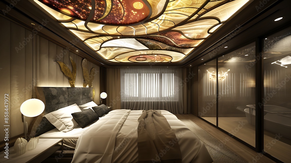 boutique hotel room that features artistic ceiling installations with ...