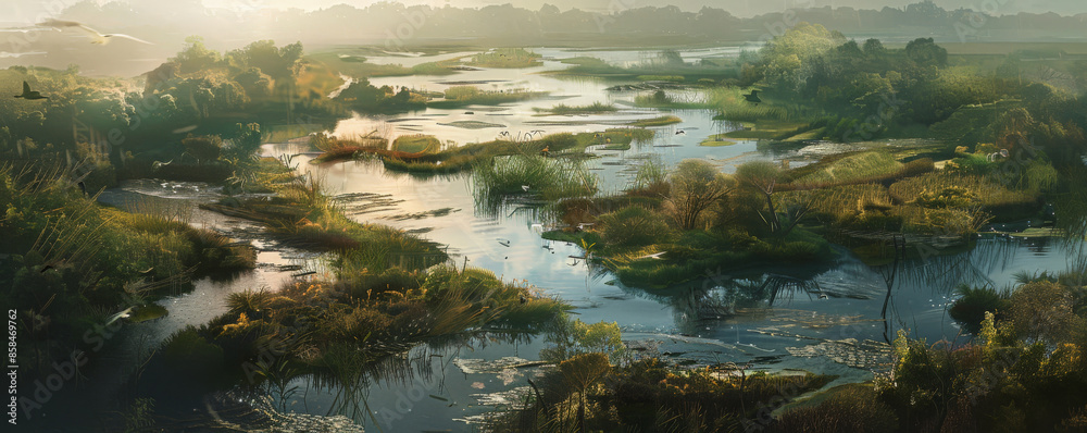 A serene river delta background with winding waterways, lush vegetation ...