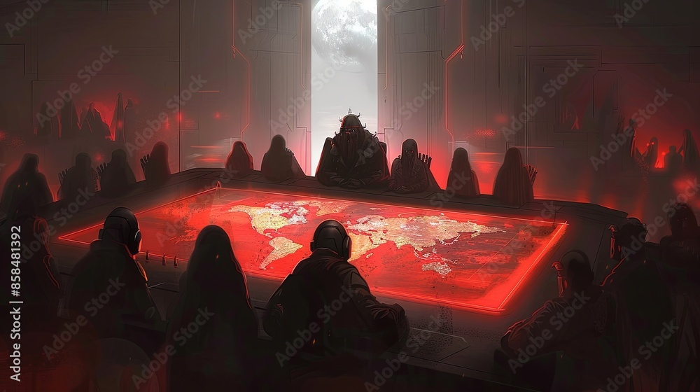 Group of people gathered around a table over a world map. A shadow ...