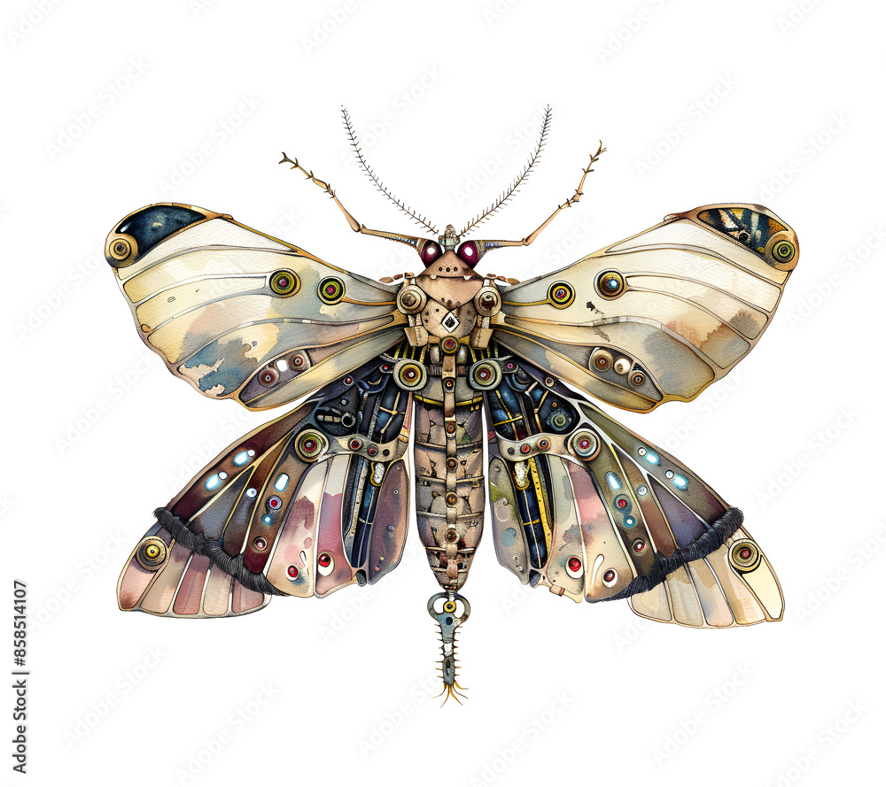 Steampunk moth, watercolor clipart illustration with isolated ...
