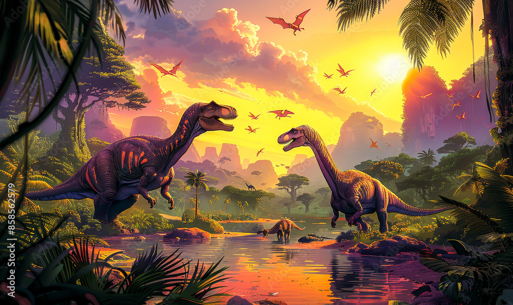 Dinosaurs In Lush Jurassic Jungle By Serene River At Sunset With Flying ...