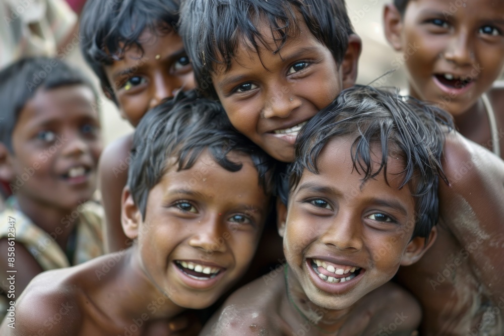 Group of Indian children smiling at the camera in a village in India ...