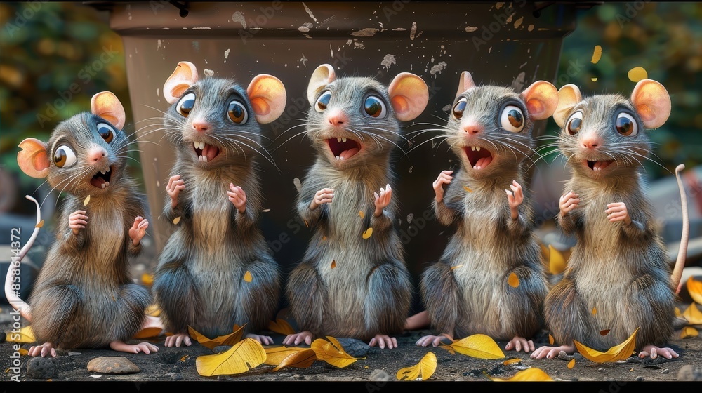 A group of animated rats standing with surprised expressions ...