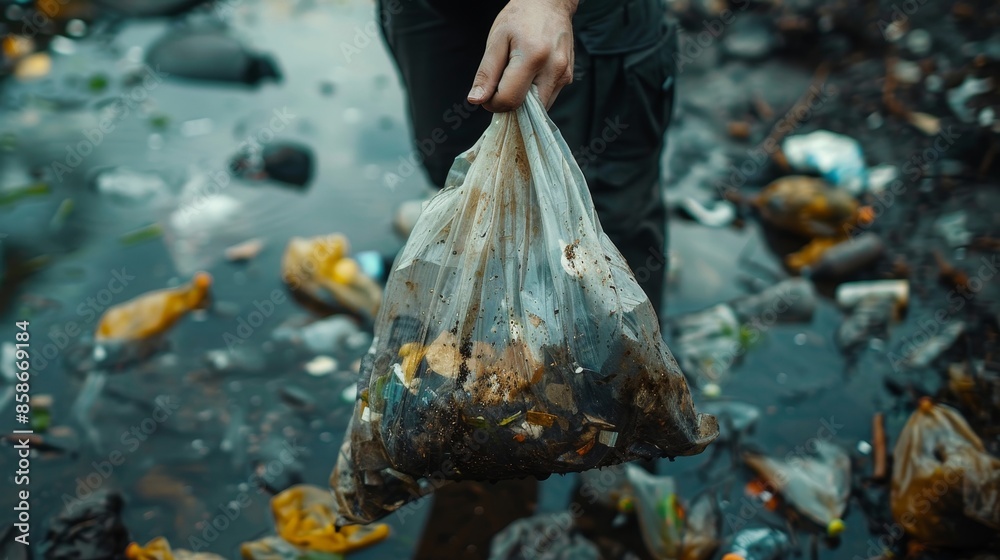 Plastic bag overflowing with garbage, held by a person, raw and ...