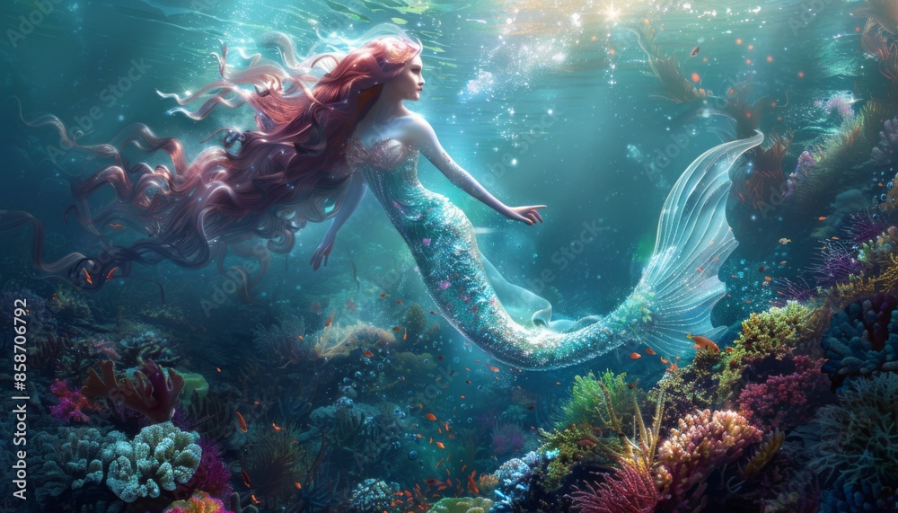 Enigmatic Mermaid, Portray a mesmerizing mermaid gracefully swimming ...