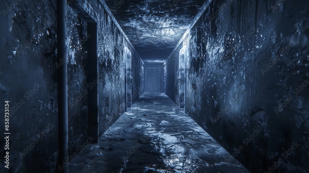 Frost-covered walls in an icy tunnel inside a freezer, emphasizing the ...