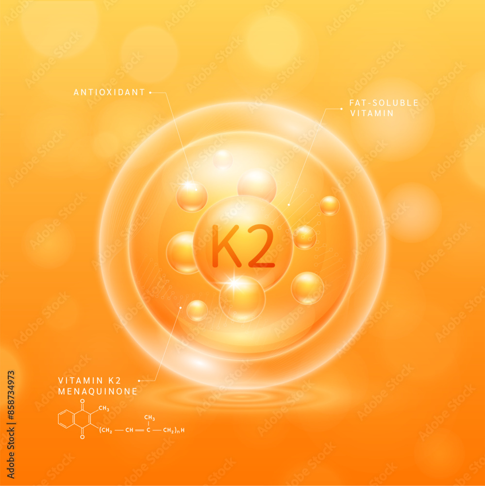 Vitamin K2 solution orange and chemical structure of Menaquinone. Fat ...
