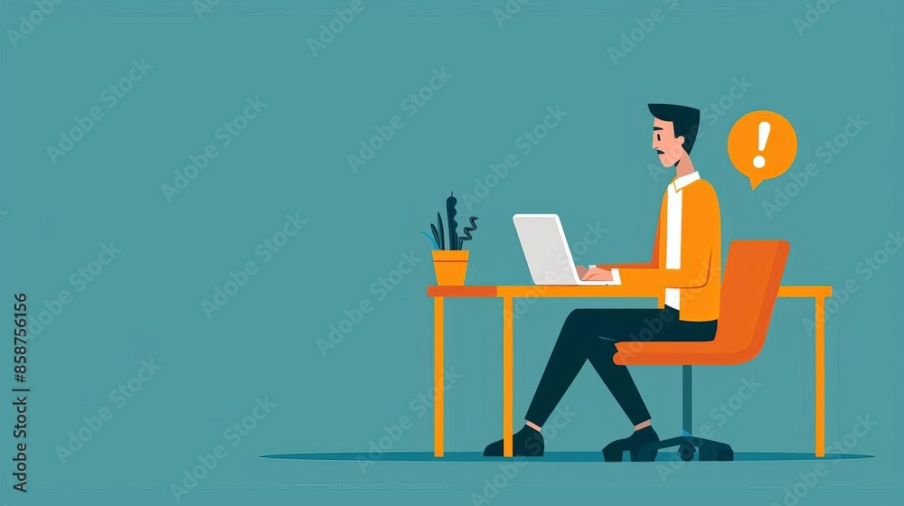 Illustration of a person using a laptop at a desk with an exclamation ...