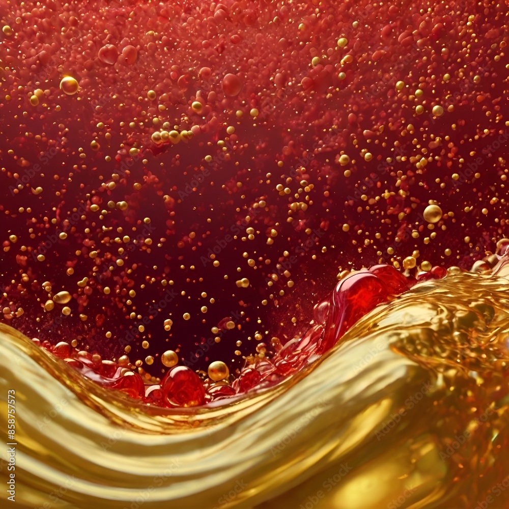 Amazing golden particles in red fluid. The shimmering overflow of gold ...