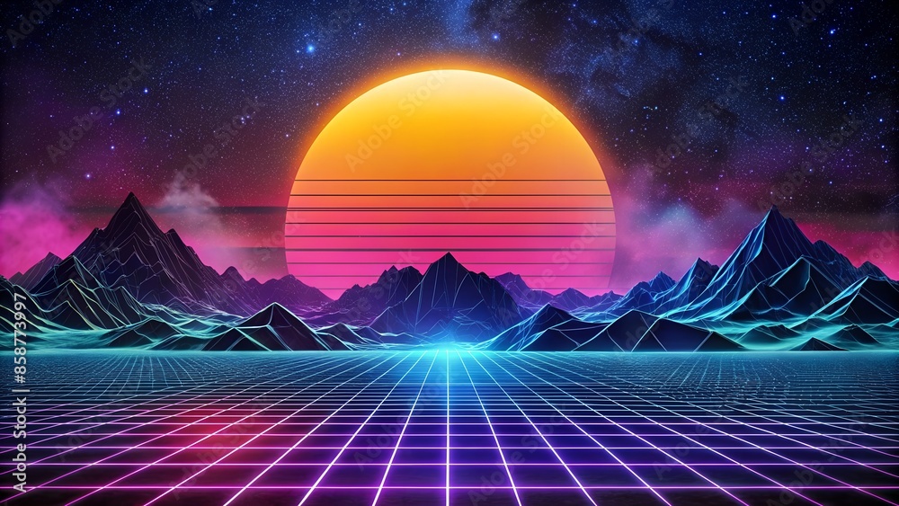 80s Retro Sci-Fi Background with Sunrise or Sunset night sky with stars ...