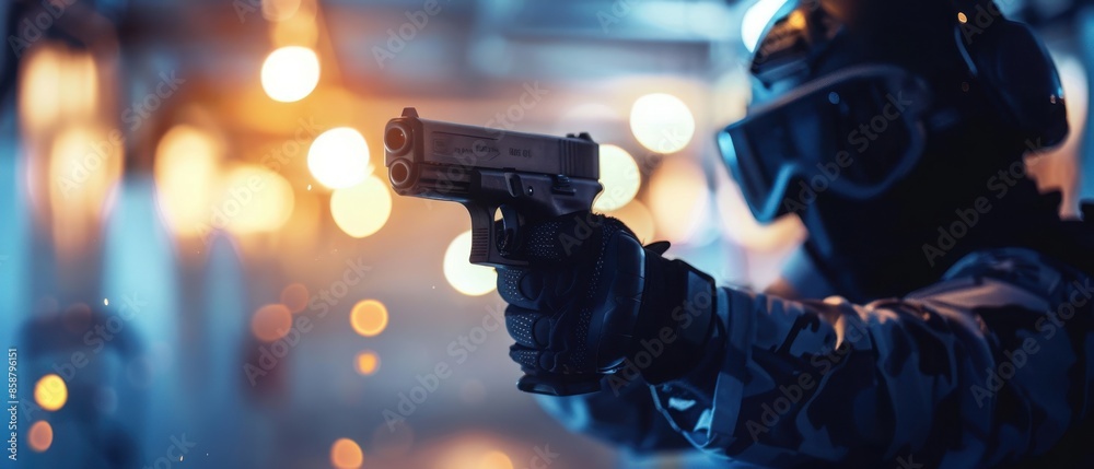Tactical soldier in full gear aiming pistol in dimly lit environment ...
