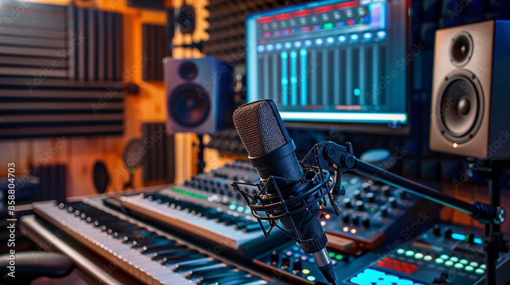 A professional podcast studio setup includes a microphone, mixer ...