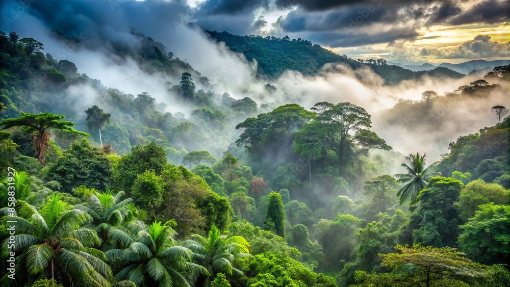 Misty fog envelops the lush tropical jungle of cordillera de talamanca ...
