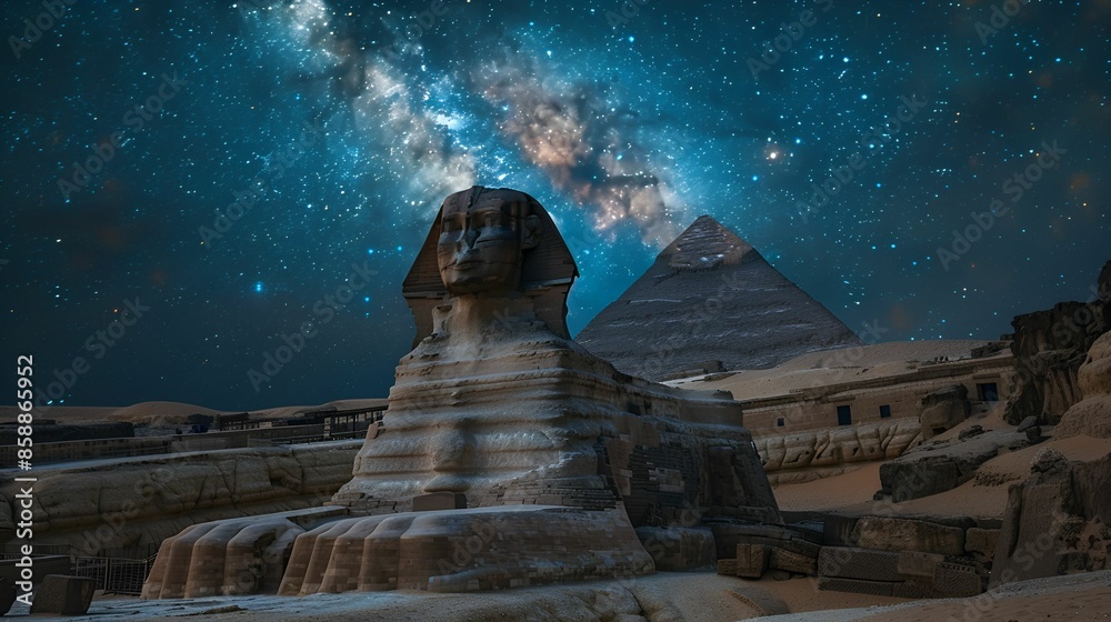 The Great Sphinx of Giza under a starry night sky, with the Milky Way ...