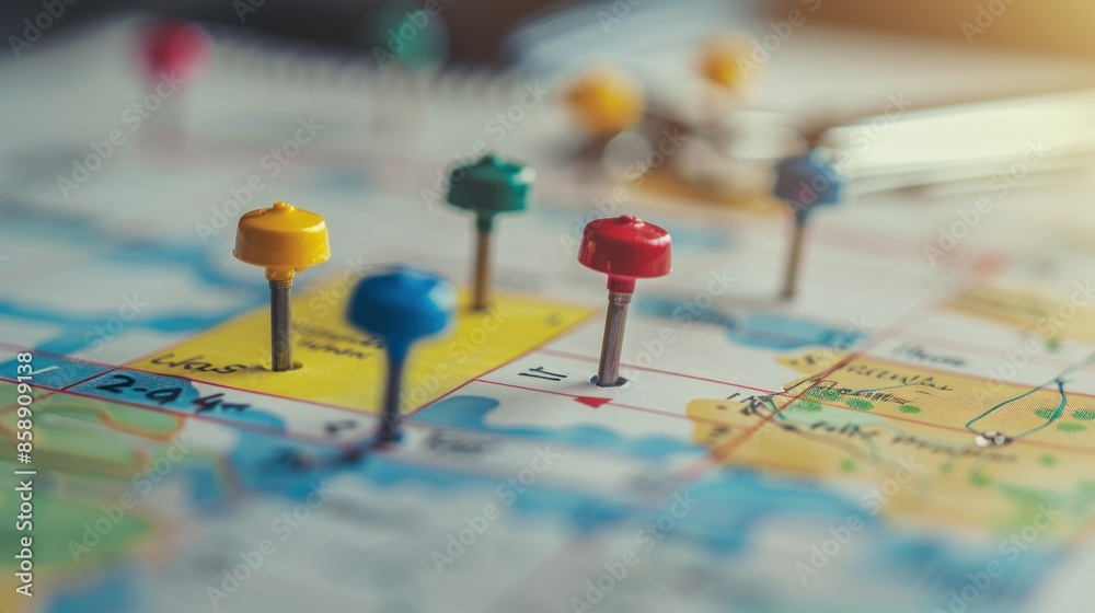 A close-up of a calendar with important goal deadlines and milestones ...