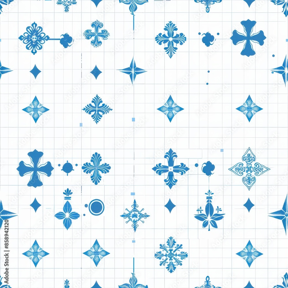 This image features a seamless repeating pattern of blue floral motifs ...