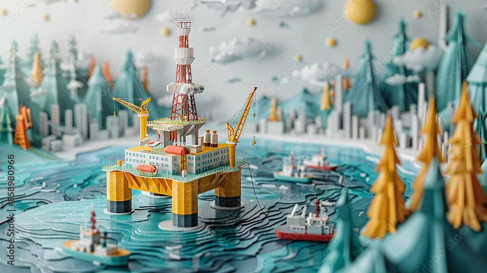 Artistic paper craft representation of an oil drilling platform ...