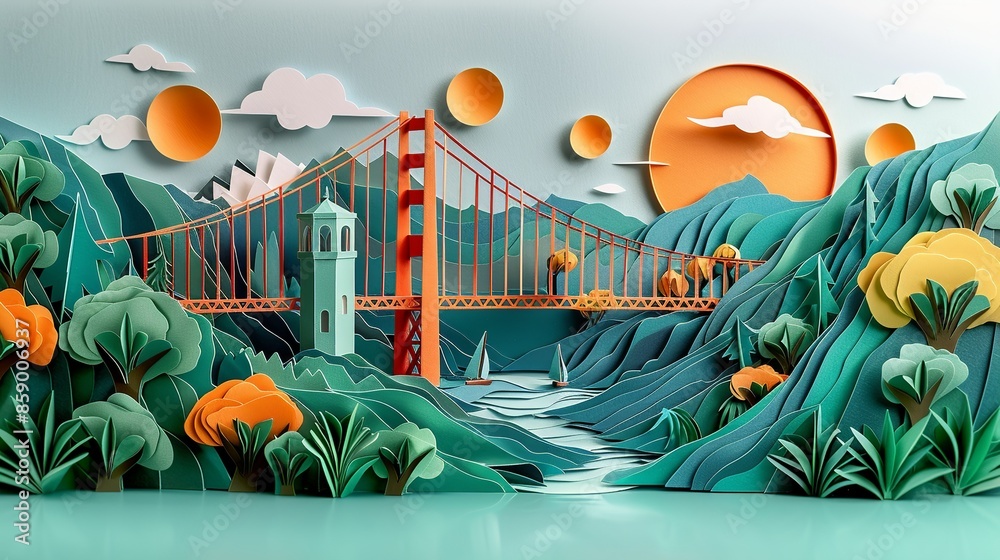 A vibrant papercraft view of San Francisco, with the Golden Gate Bridge ...