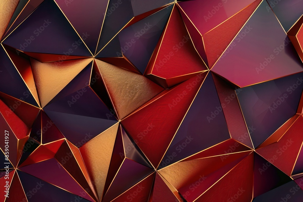 Abstract Background, 3D geometric shapes in rich garnet red and amethyst purple, highlighted ...