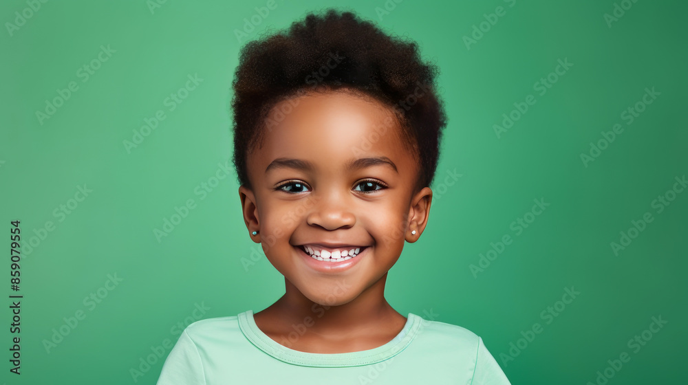 Portrait of smiling cute African American child girl with short haircut problems, light green ...
