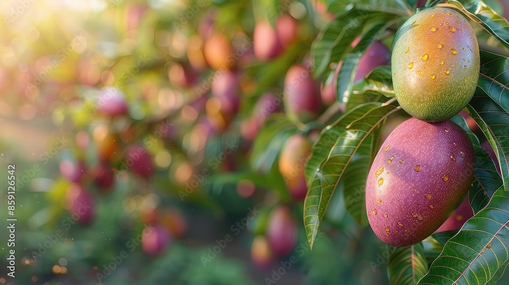 Organic ripe indian mangoes on trees, Exotic tropical summer season ...