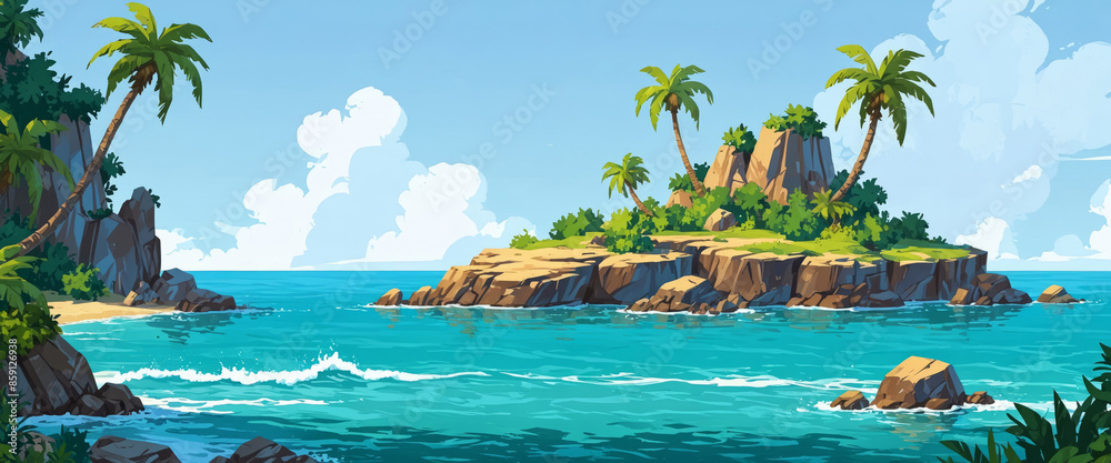 Animated background of an uninhabited island surrounded by ocean water ...