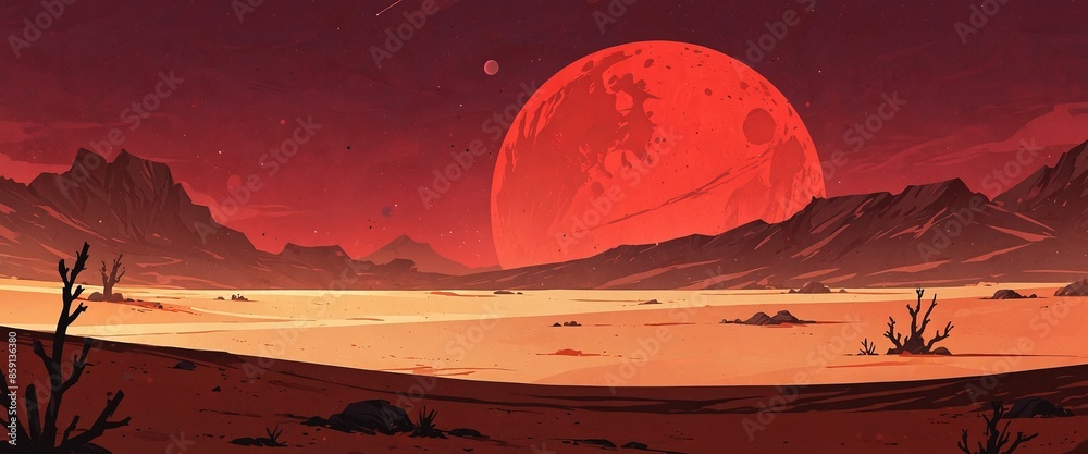 Alien desert with sand dunes and craters under a red sky for game ...