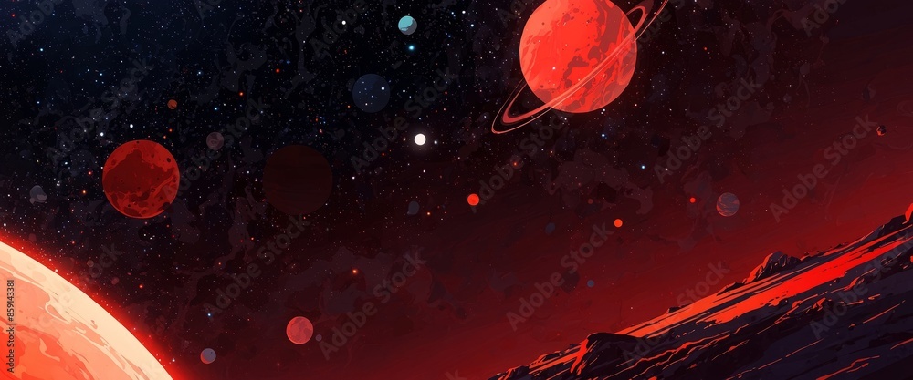Modern illustration of a red space background with glowing galaxy ...
