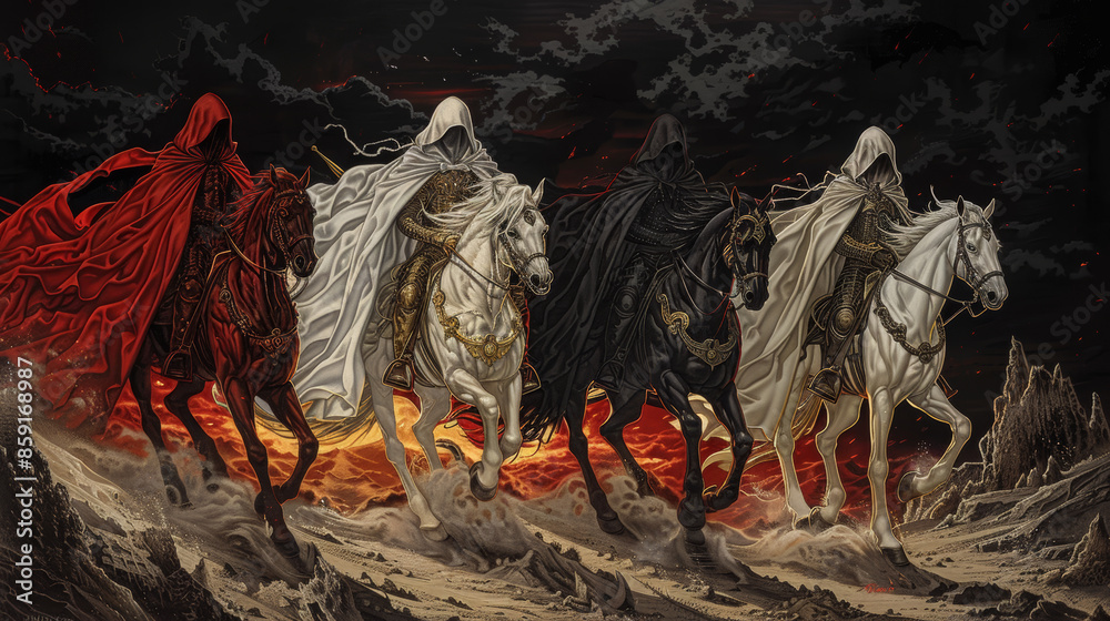 The Four Horsemen of the Apocalypse ride down a hill towards a distant ...
